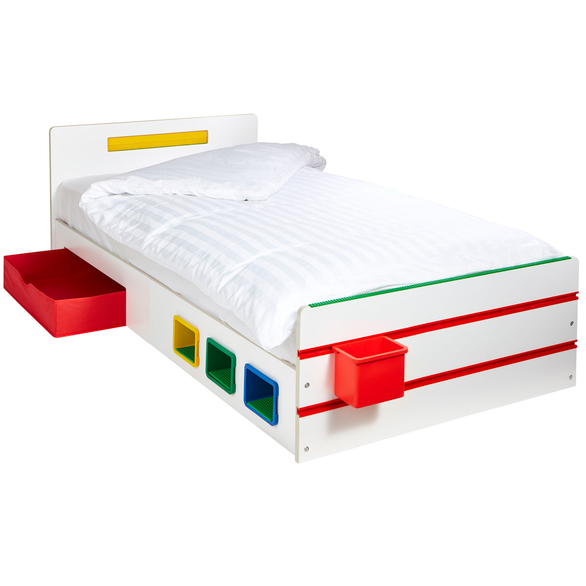 Room 2 Build Kids Single Bed with Storage Drawer and Building Brick Display
